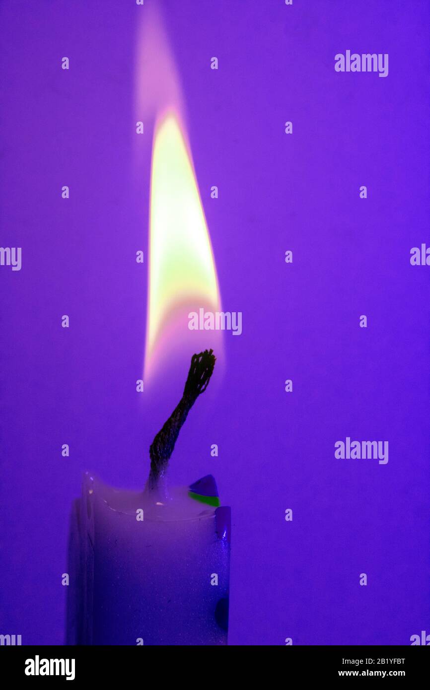 A Close Up of a Single Candle Flame and Wick on Coloured Background ...
