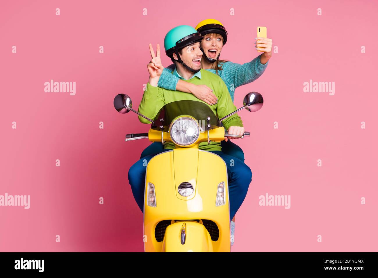 Photo of nice lady guy two people couple best friends drive vintage ...