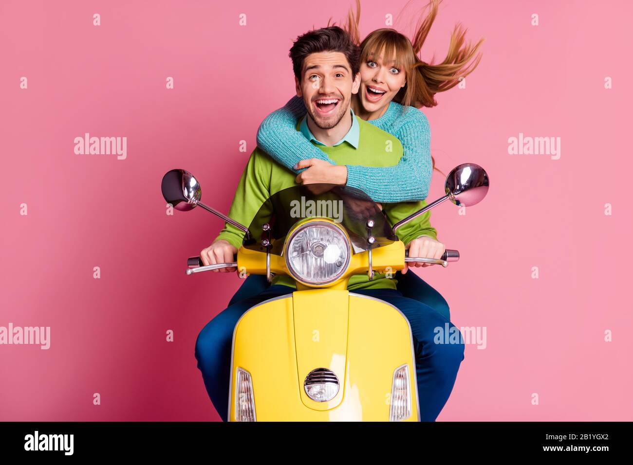 Photo of funny lady guy couple in love sit drive rent vintage yellow ...