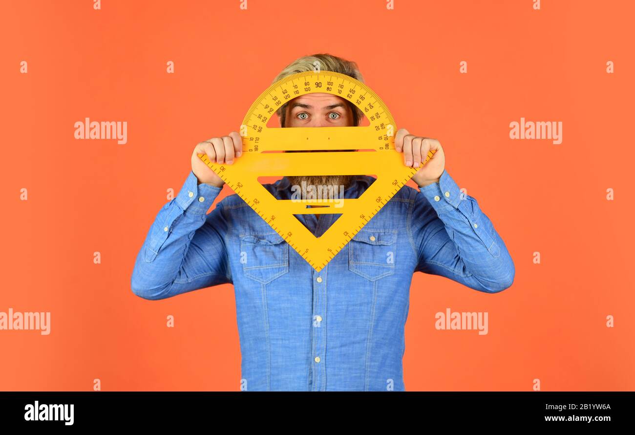 Education concept. Bearded man teacher use ruler. Innovative approach ...