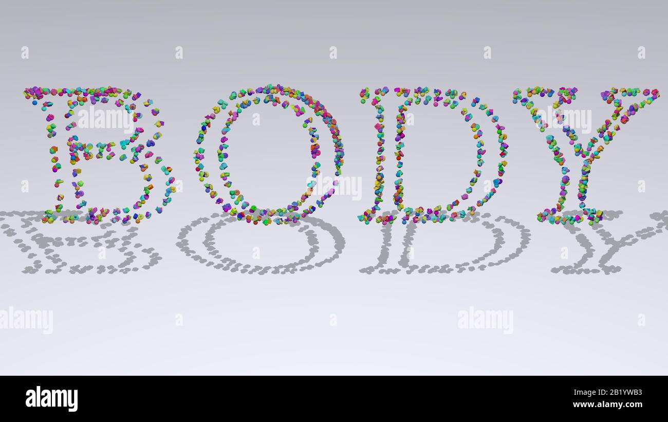 Body written in 3D illustration by colorful small objects casting ...