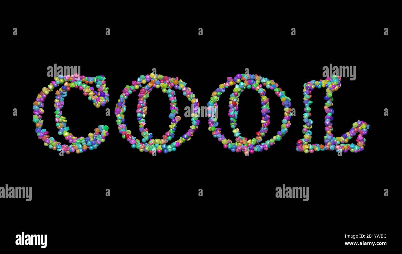 COOL: 3D illustration of the text made of small objects over a black ...
