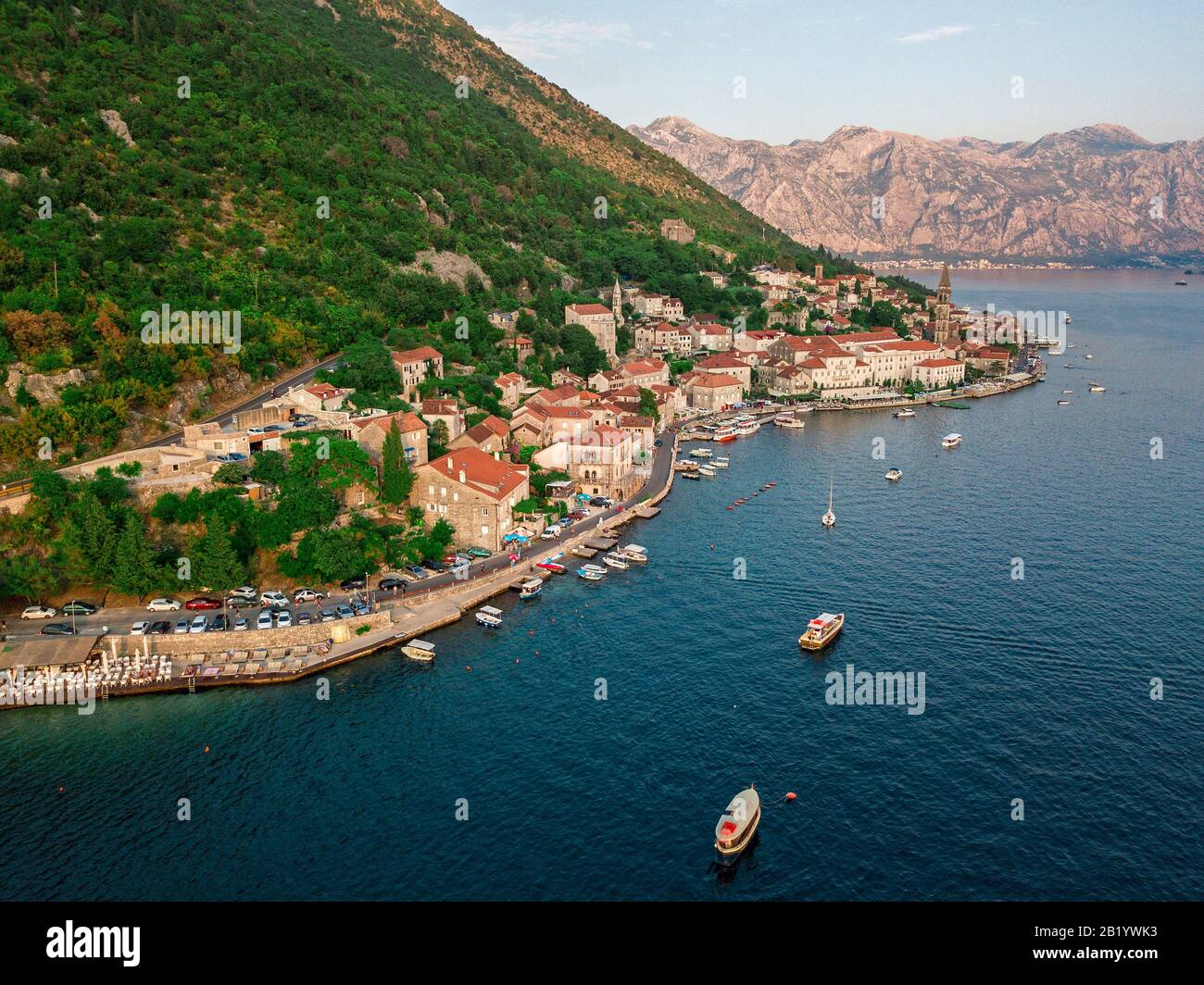 Aerial view of Perast is an old town on the Bay of Kotor in Montenegro ...