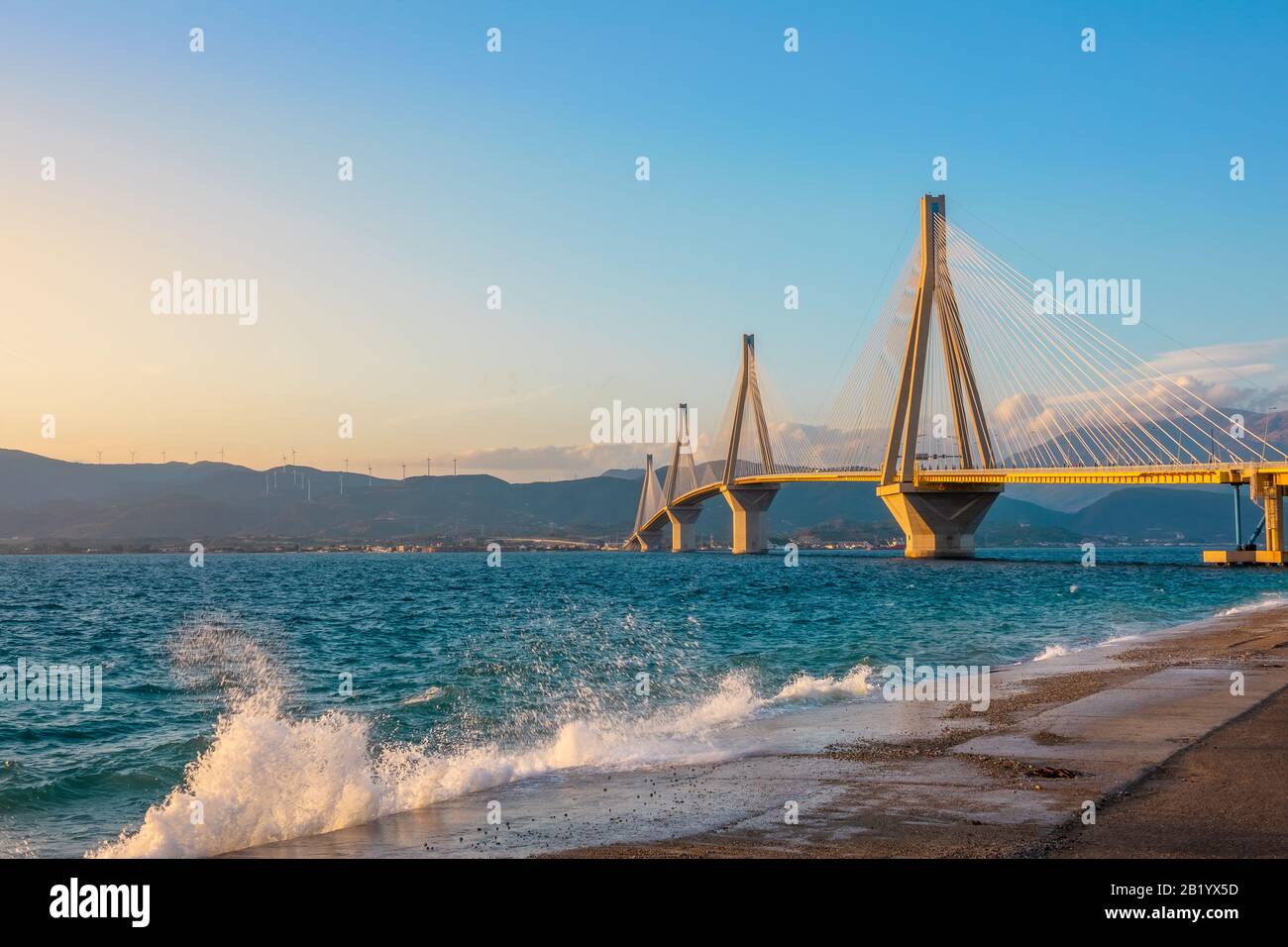 Greece. Rion Antirion Bridge over the Gulf of Corinth.Spray of surf on ...