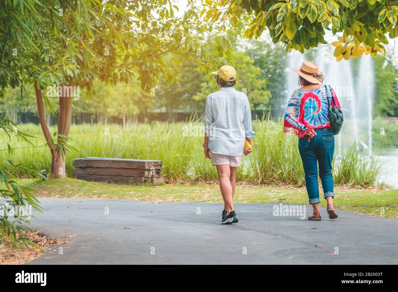Back view of happiness female friends walking together beside the ...