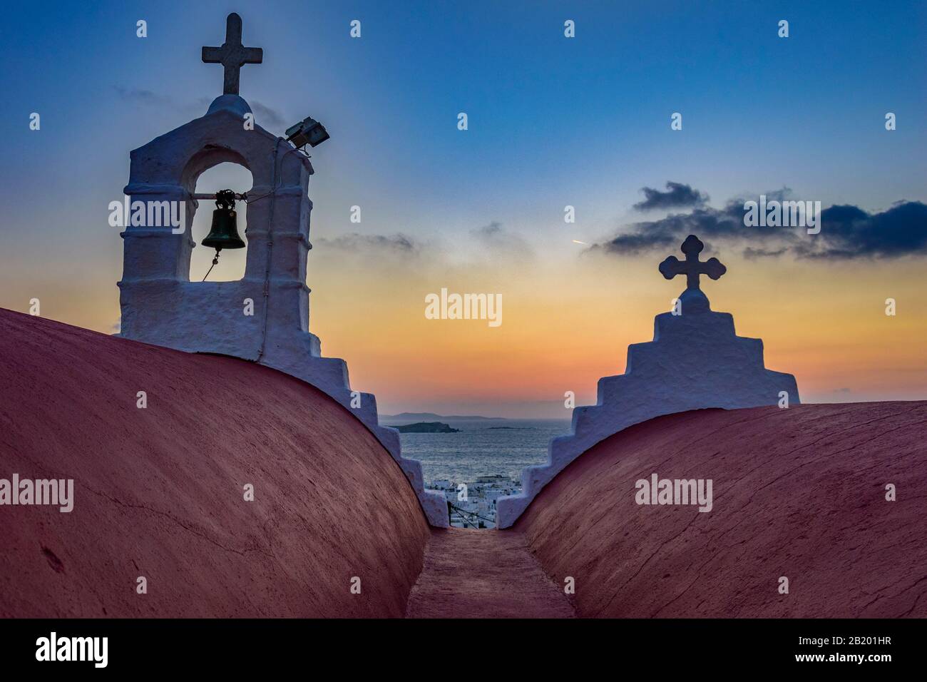 Typical roof of a traditional Greek chapel with the belfry against the ...