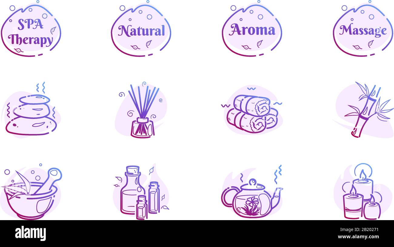 Line massage wellness icons set of spa stones, aroma oil, tea, bamboo ...
