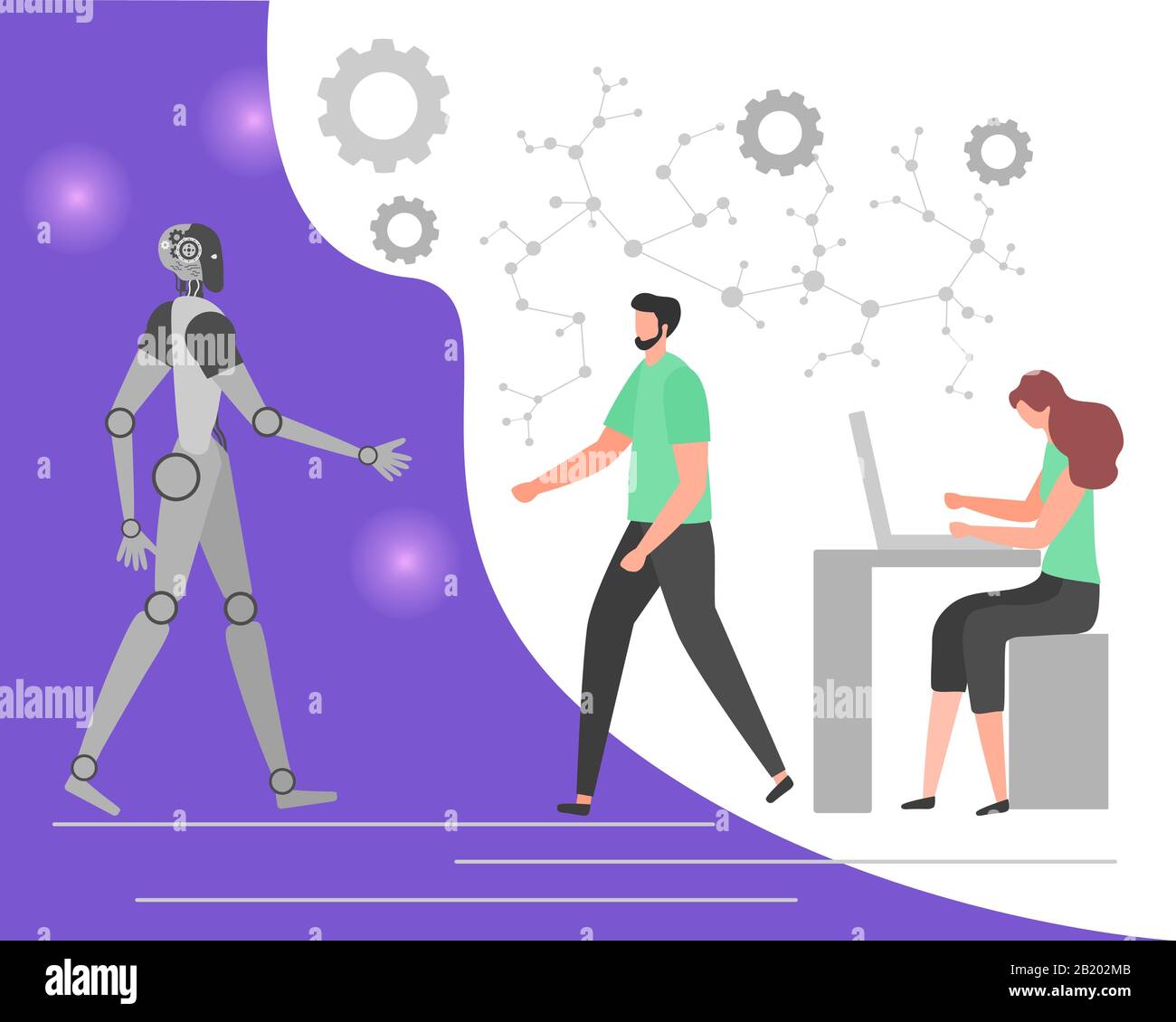 Vector illustration Robot, human teamwork. Partnership with robot ...