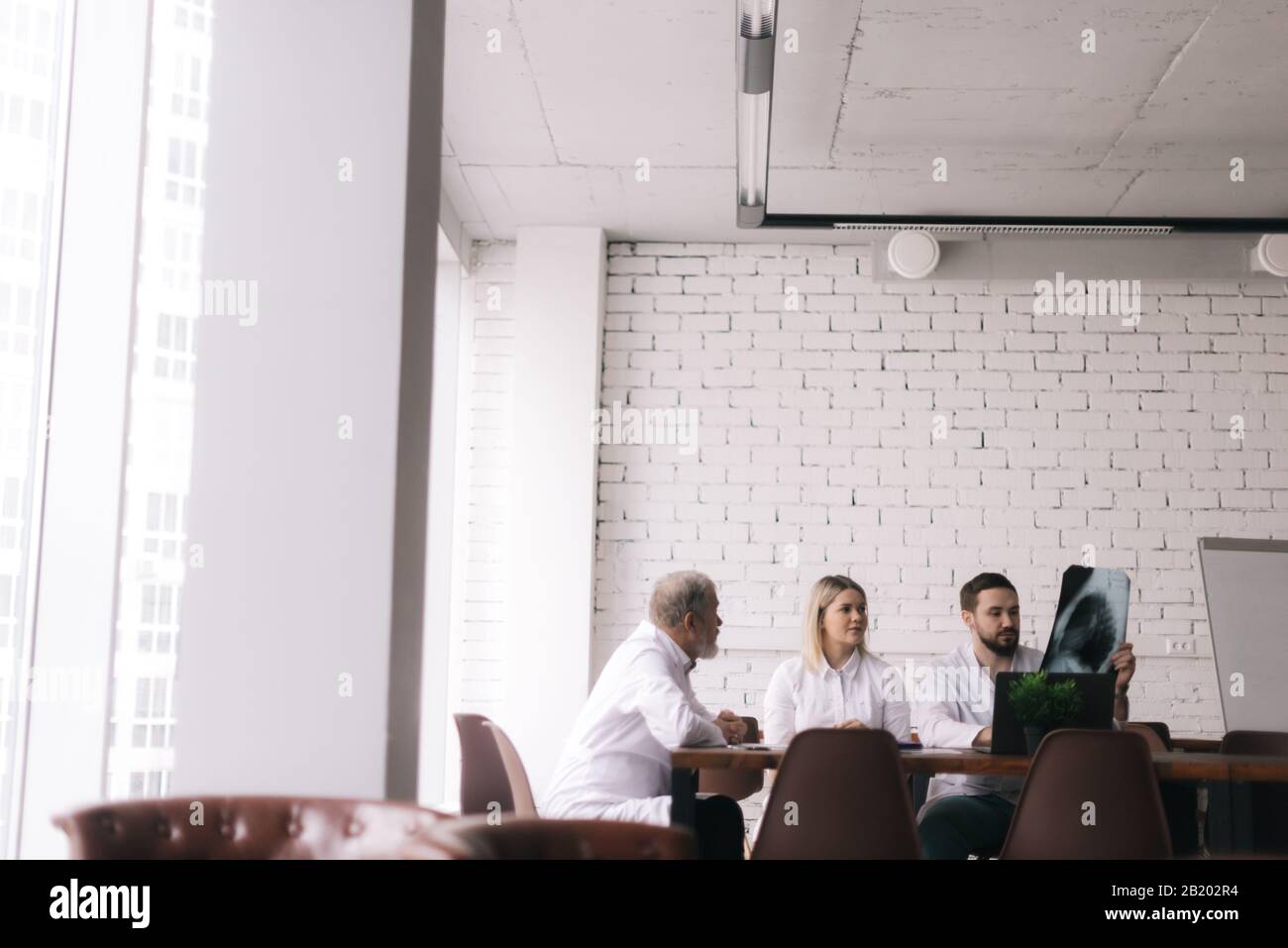 Medical team of three adult and young doctors discuss chest X-rays ...