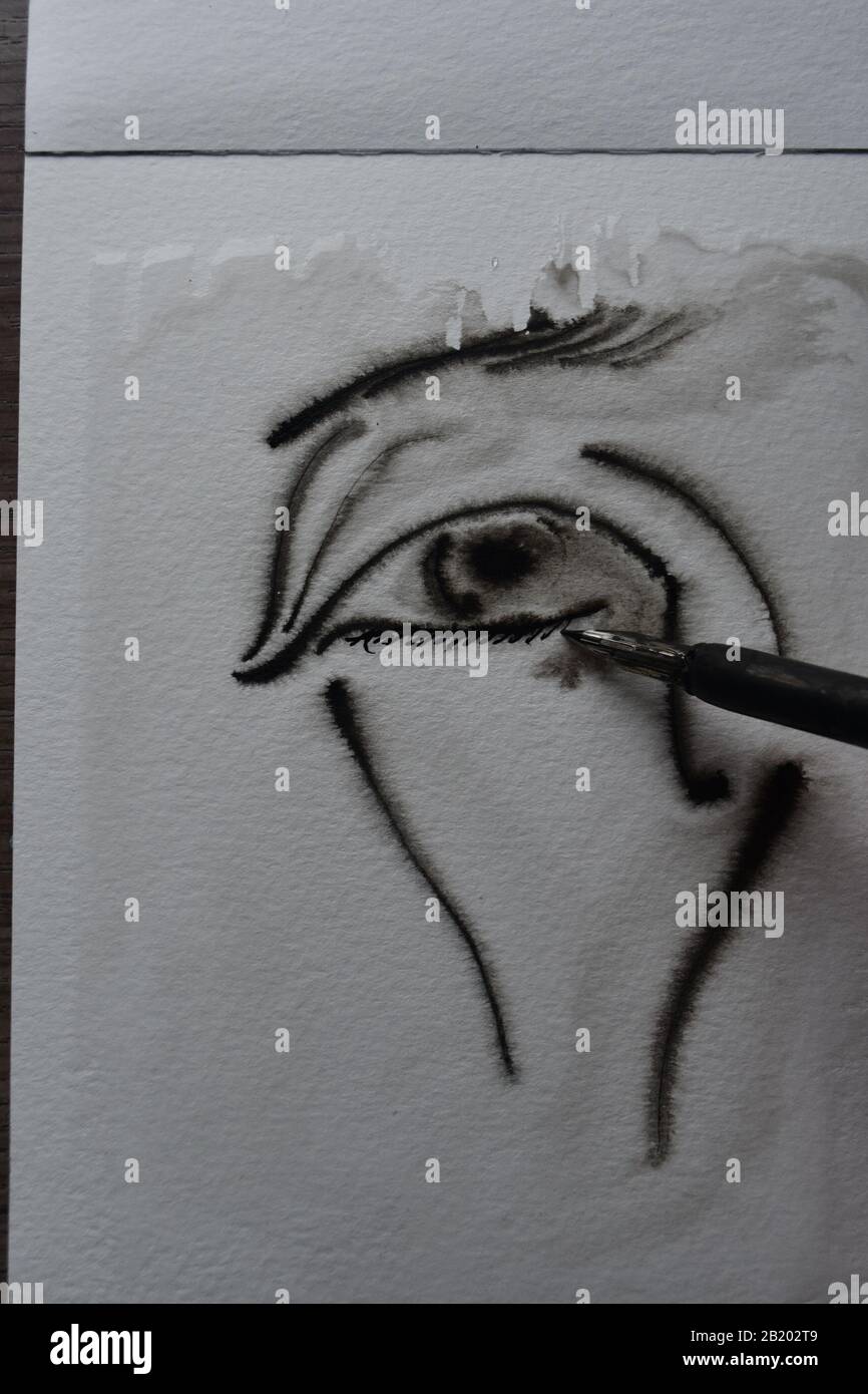 Sequence of drawing with dip pen in India ink onto wet watercolour ...