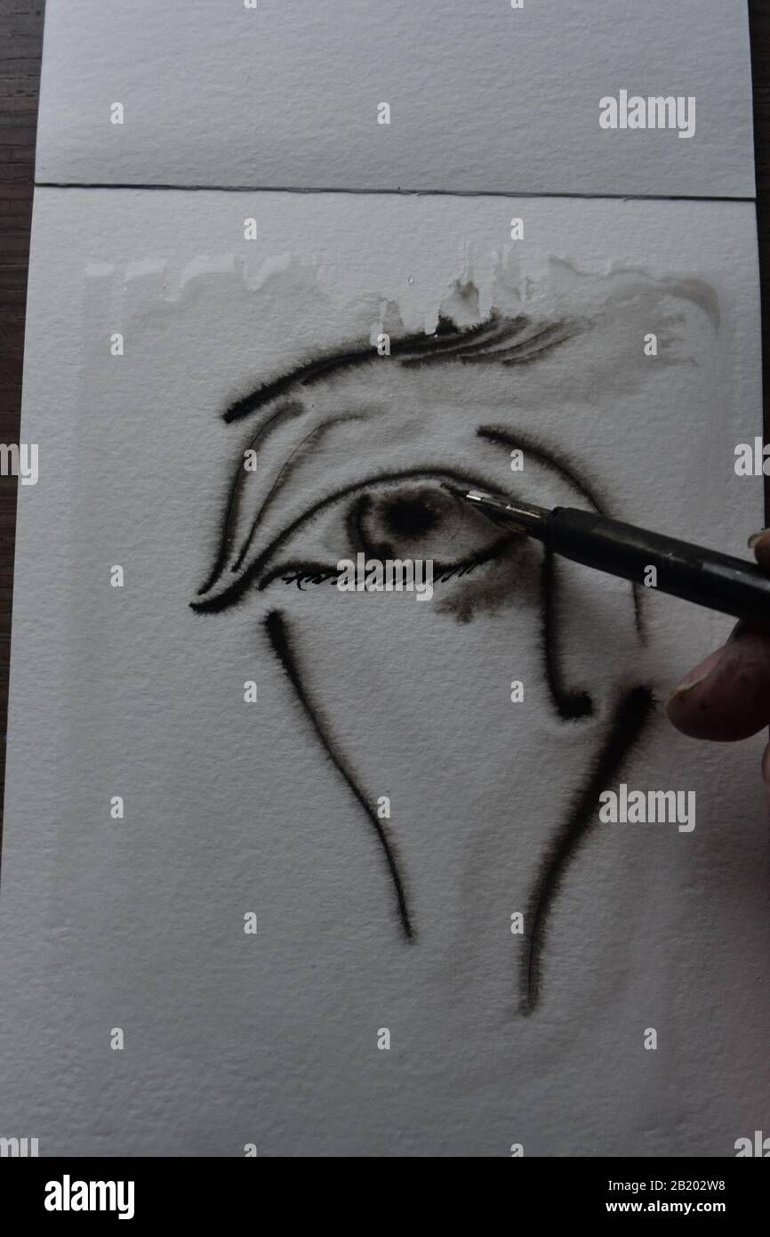 Sequence of drawing with dip pen in India ink onto wet watercolour ...