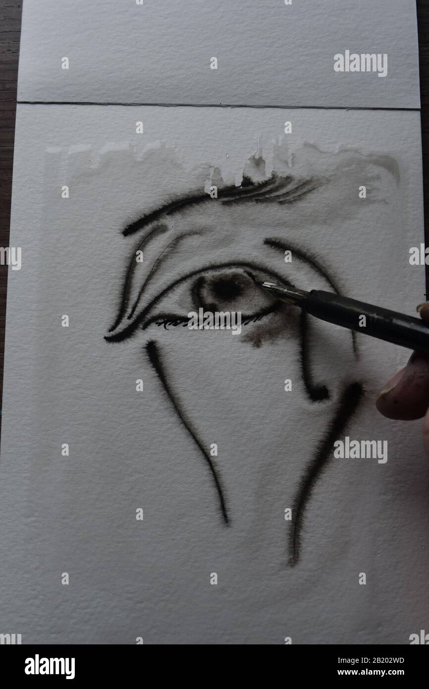 Sequence of drawing with dip pen in India ink onto wet watercolour ...
