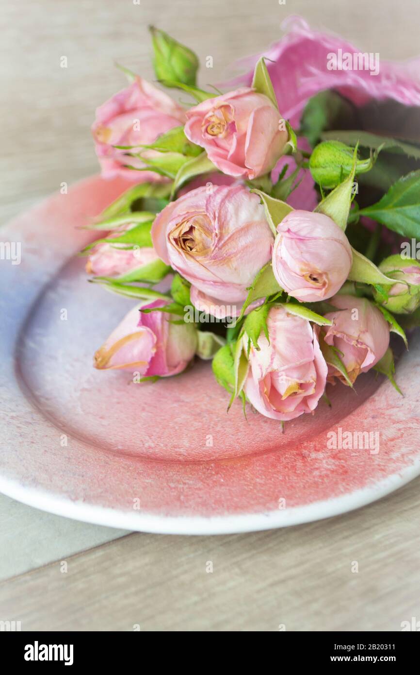 Romantic table served with pink roses on toned ceramic plate, vertical ...