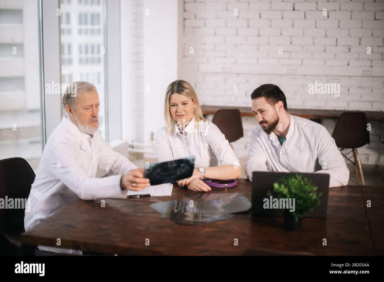 Team of experts doctors meeting in conference room and examining x-ray ...