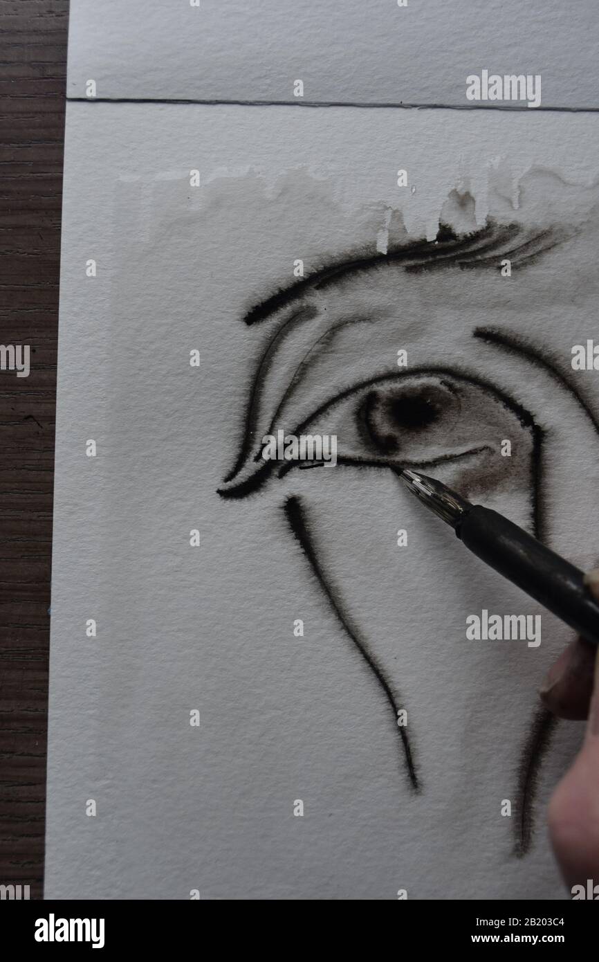 Sequence of drawing with dip pen in India ink onto wet watercolour ...