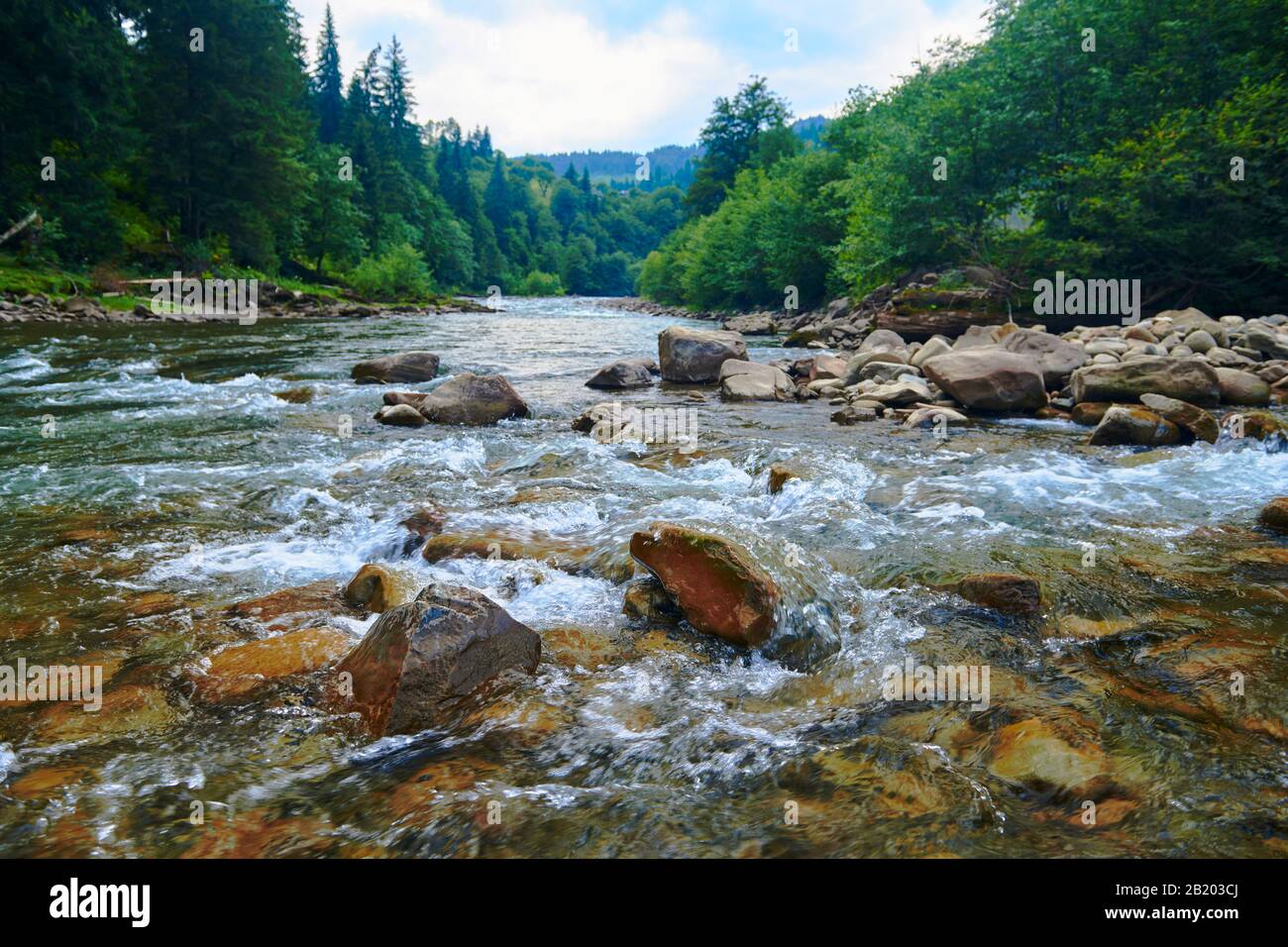 landscape, beautiful view of mountain river in summer day, fast flowing ...