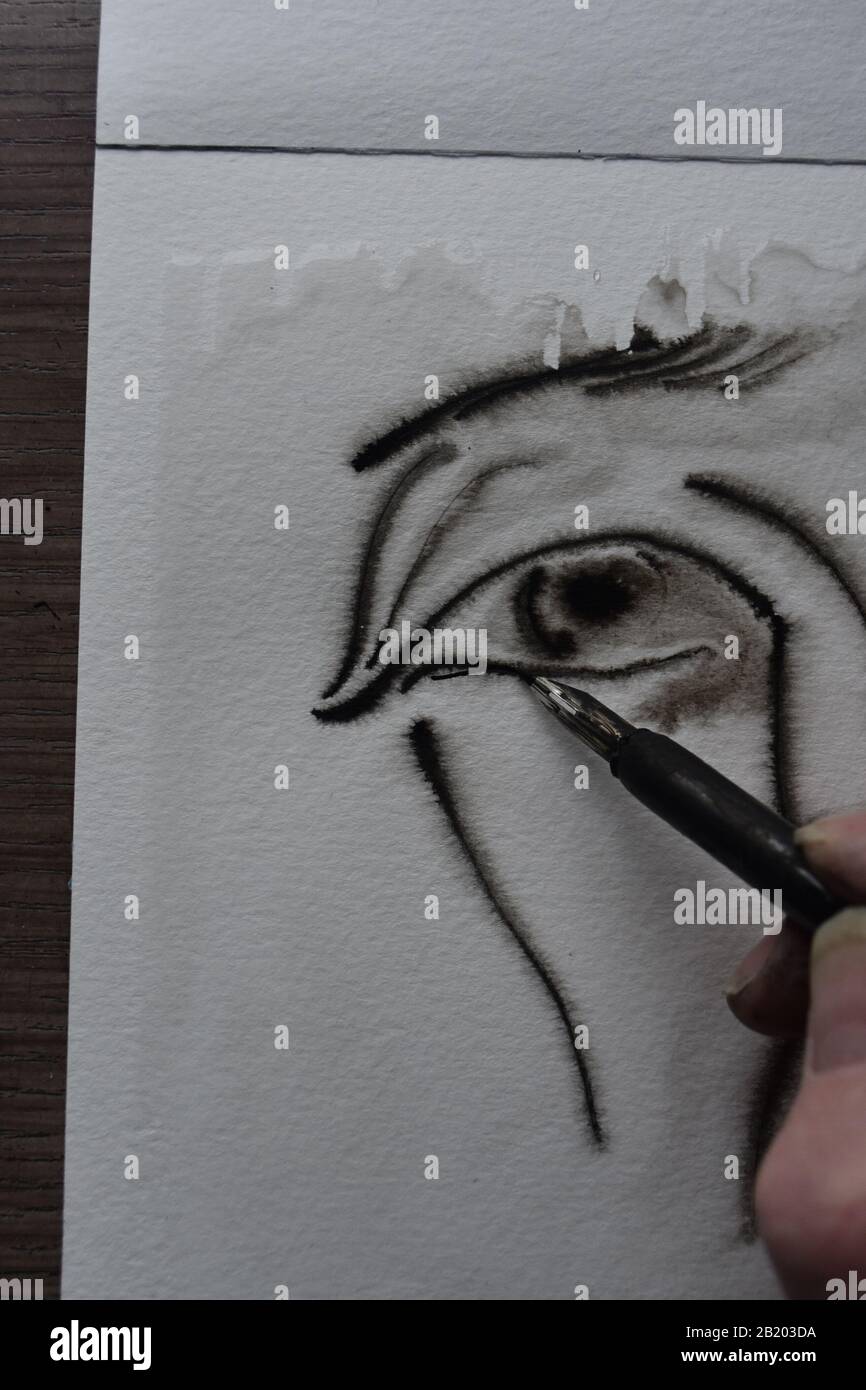 Sequence of drawing with dip pen in India ink onto wet watercolour ...