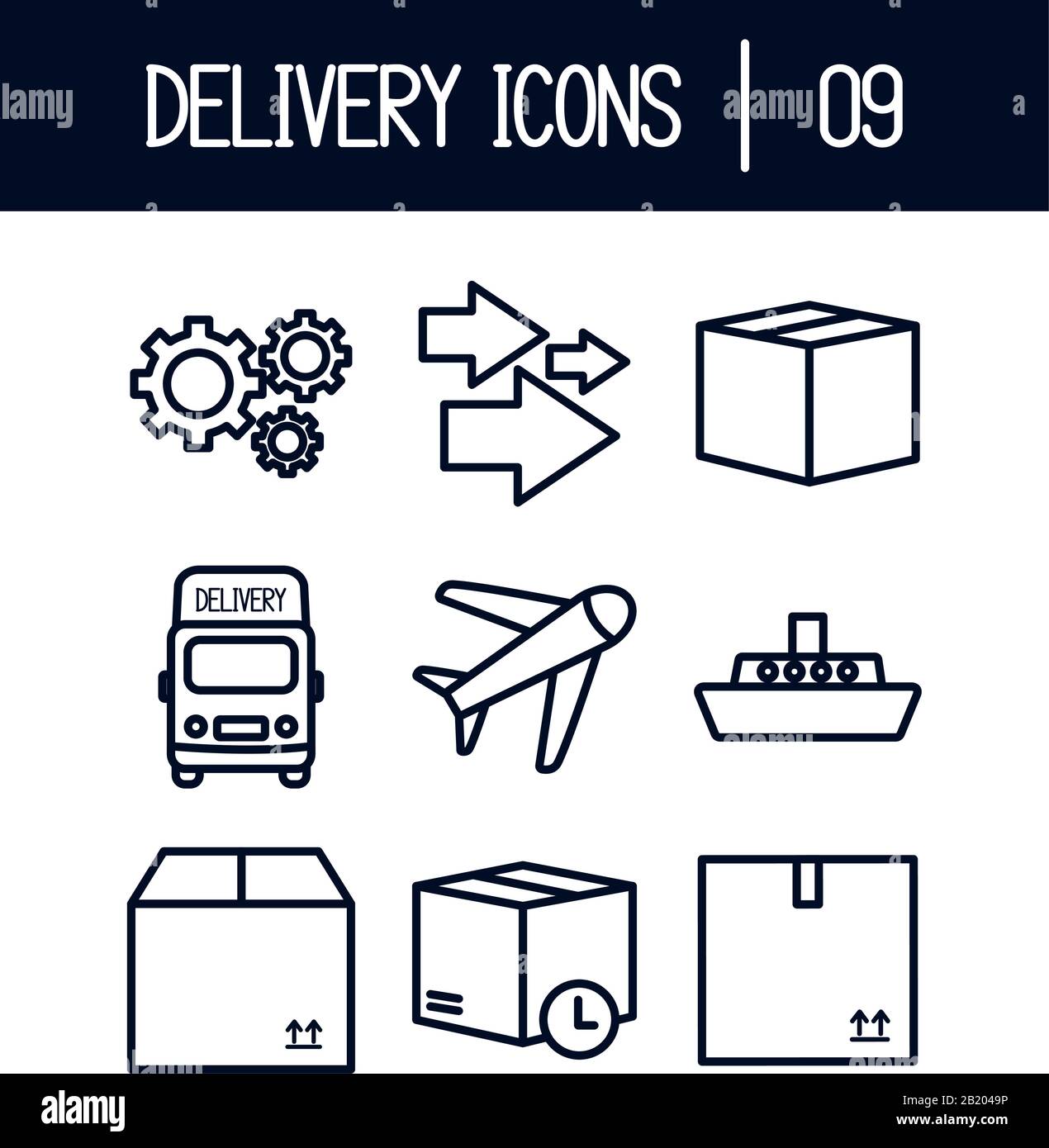 9 line style icon set design, Delivery logistics transportation ...