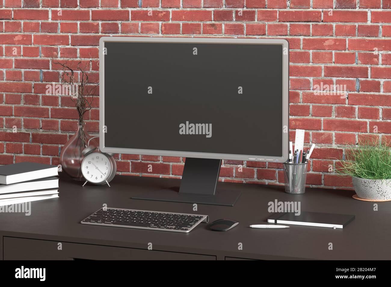 Workspace with blank computer monitor black screen mock up on the black ...