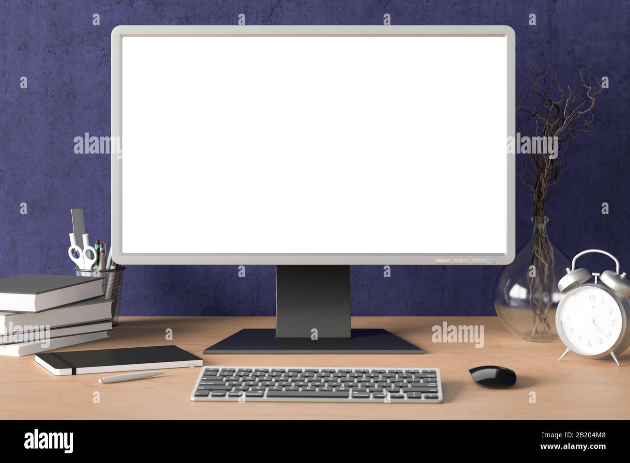 Workspace with blank computer monitor white screen mock up on the ...