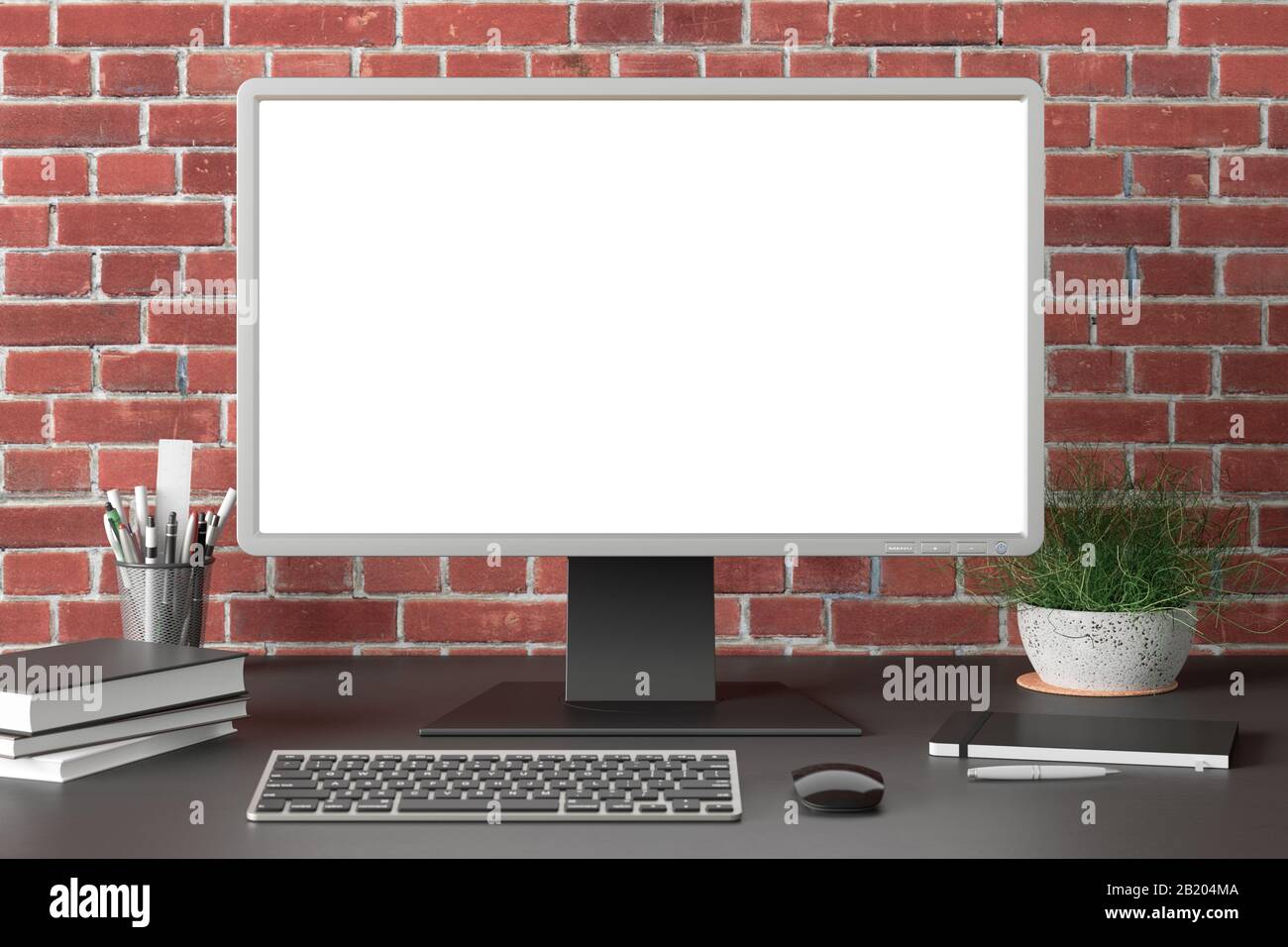 Workspace with blank computer monitor white screen mock up on the black ...