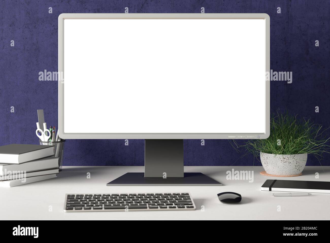 Workspace with blank computer monitor white screen mock up on the white ...