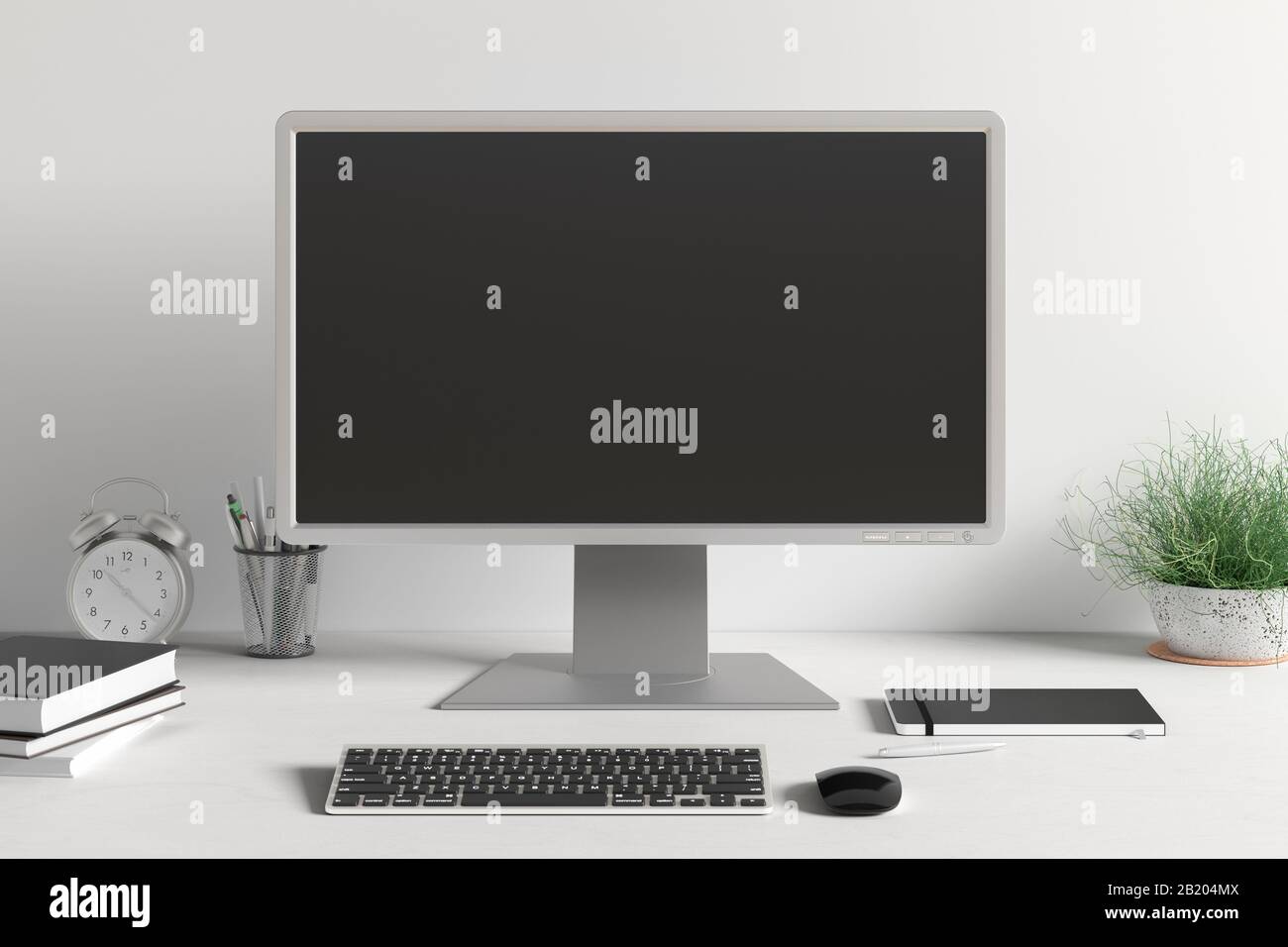 Workspace with blank computer monitor black screen mock up on the white ...