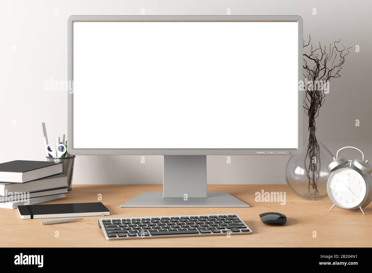 Workspace with blank computer monitor white screen mock up on the ...