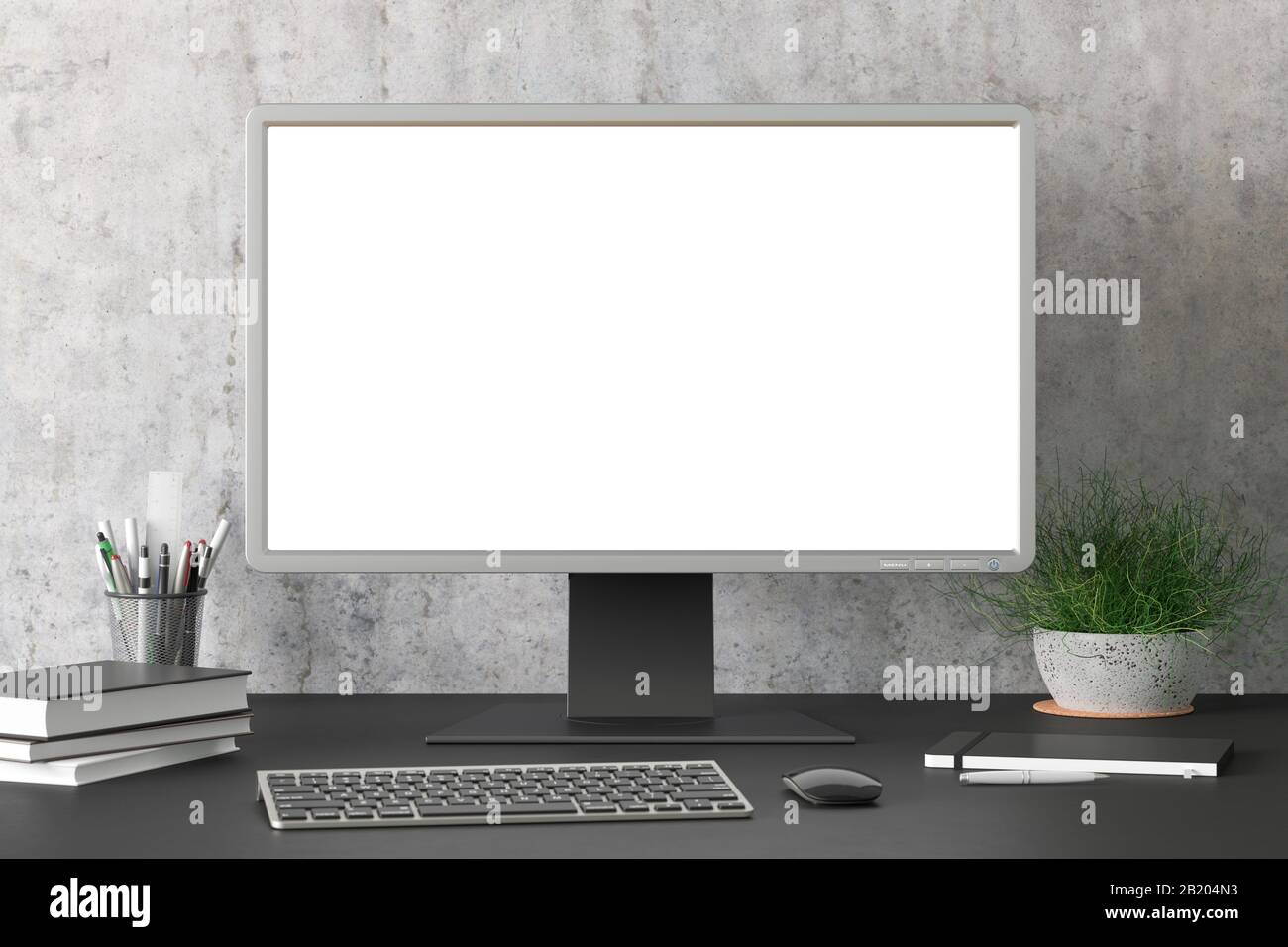 Workspace with blank computer monitor white screen mock up on the black ...