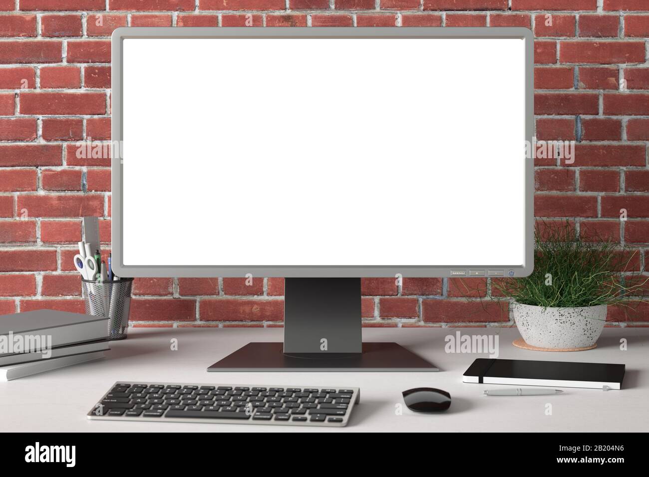 Workspace with blank computer monitor white screen mock up on the white ...