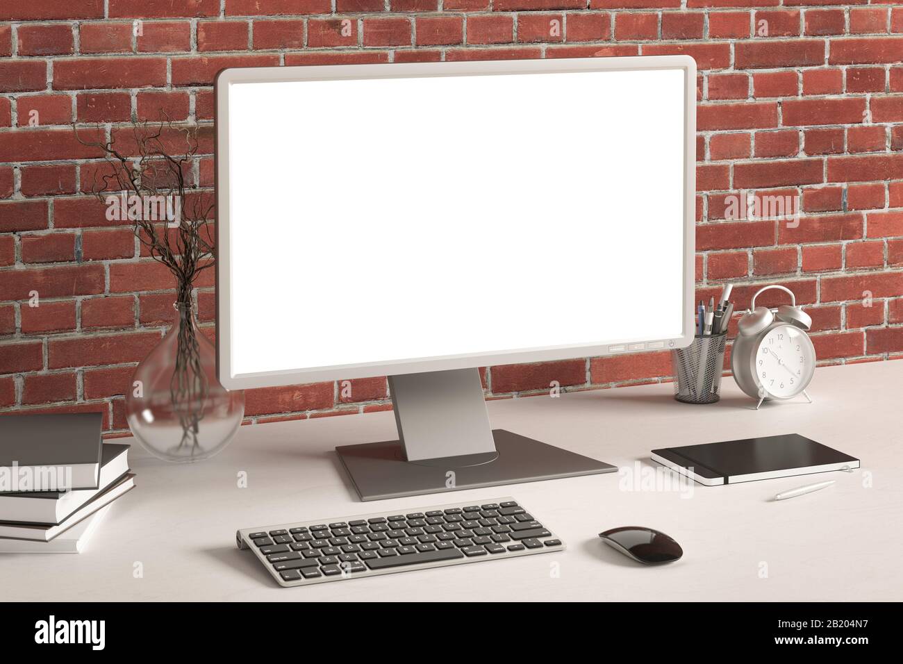 Workspace with blank computer monitor white screen mock up on the white ...