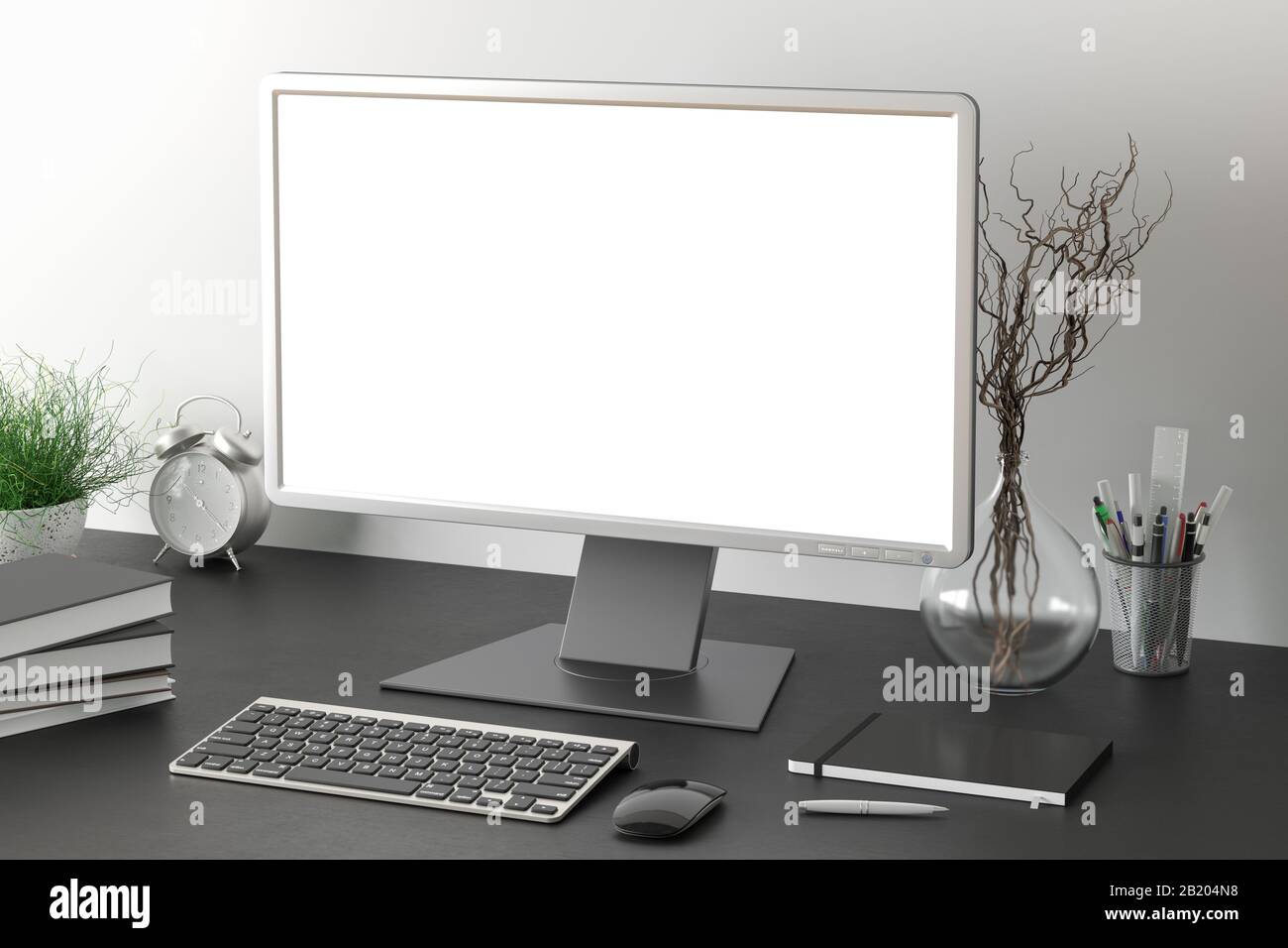 Workspace with blank computer monitor white screen mock up on the dark ...