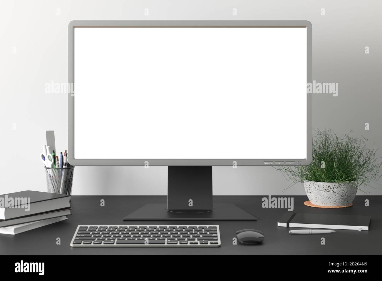 Workspace with blank computer monitor white screen mock up on the dark ...