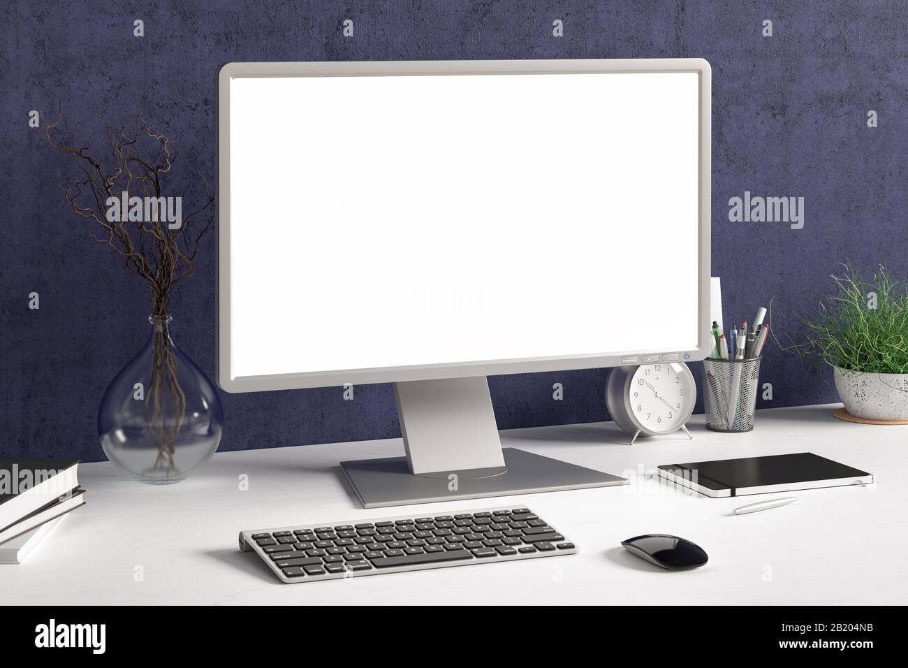 Workspace with blank computer monitor white screen mock up on the white ...