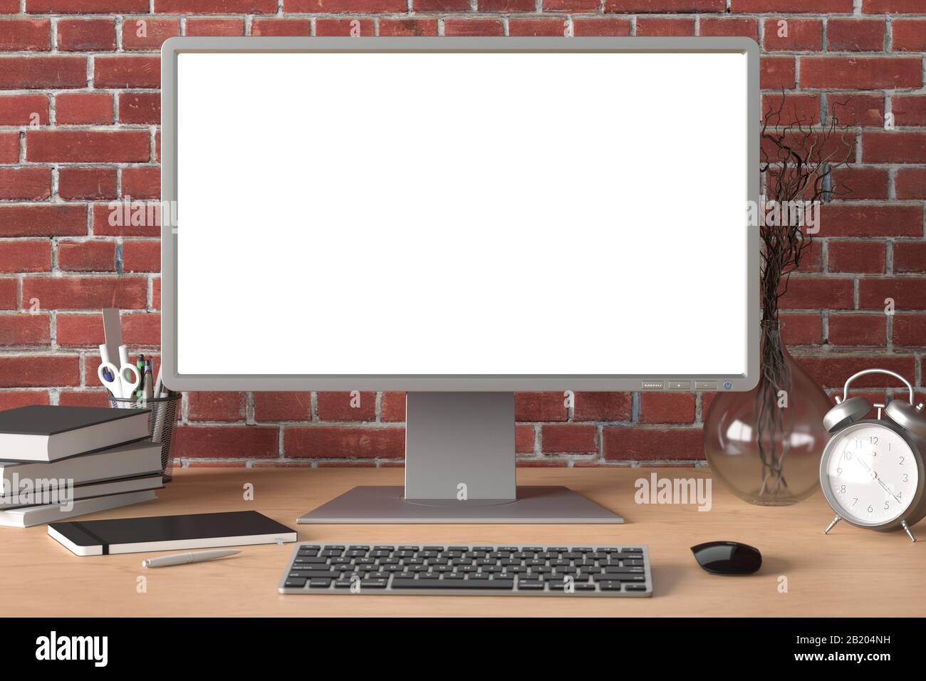 Workspace with blank computer monitor white screen mock up on the ...