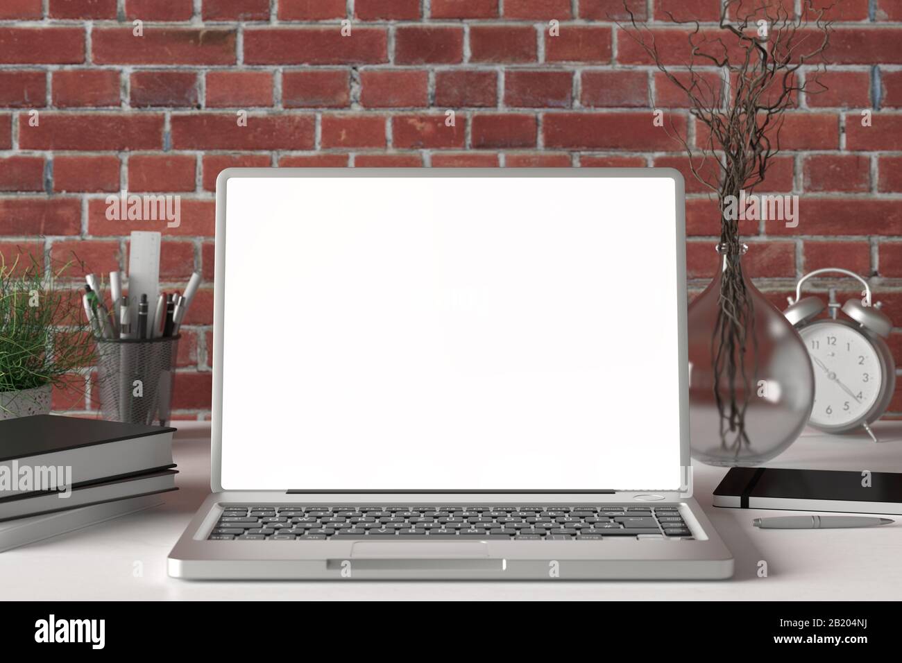 Workspace with blank laptop monitor white screen mock up on the white ...
