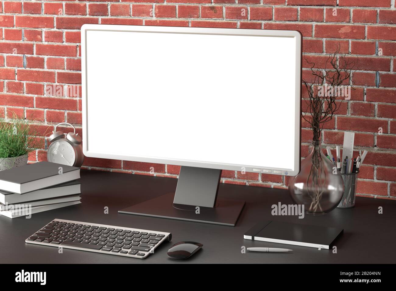 Workspace with blank computer monitor white screen mock up on the dark ...
