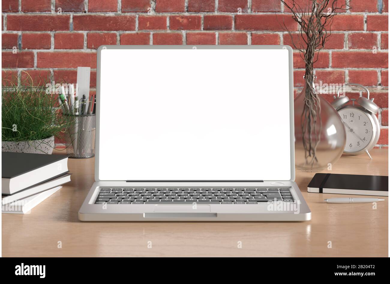 Workspace with blank laptop monitor white screen mock up on the wooden ...