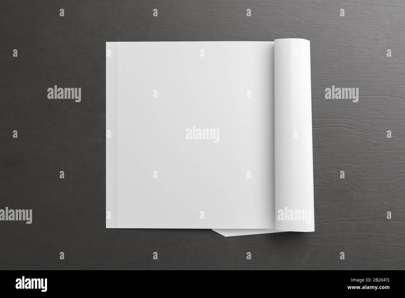Blank square left magazine page. Workspace with folded magazine mock up ...
