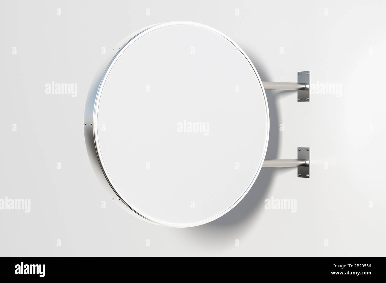 Round singboard or signage isolated on the white wall with blank white ...
