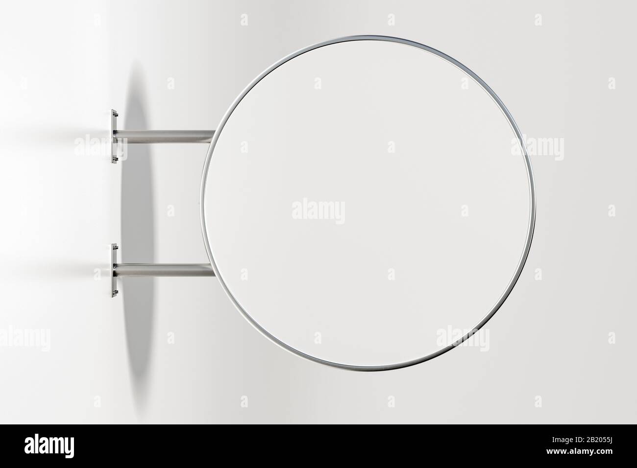 Round singboard or signage isolated on the white wall with blank white ...