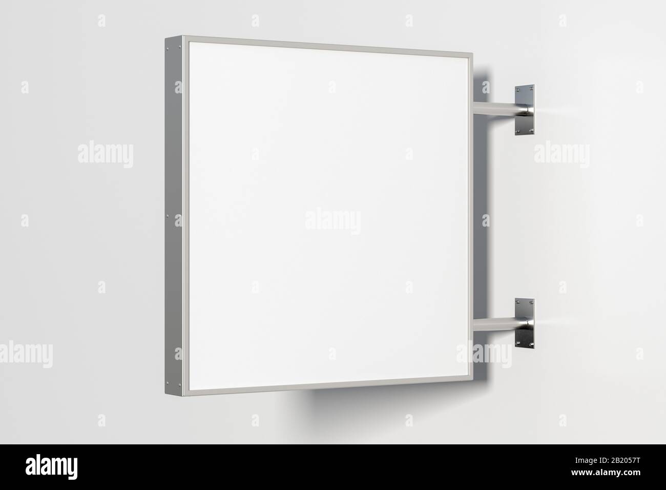 Square singboard or signage isolated on the white wall with blank white ...