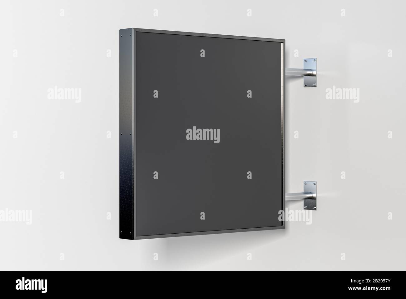 Square singboard or signage isolated on the white wall with blank black ...