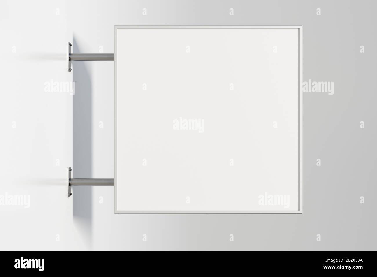 Square singboard or signage isolated on the white wall with blank white ...
