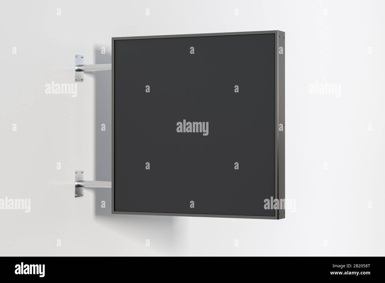 Square singboard or signage isolated on the white wall with blank black ...