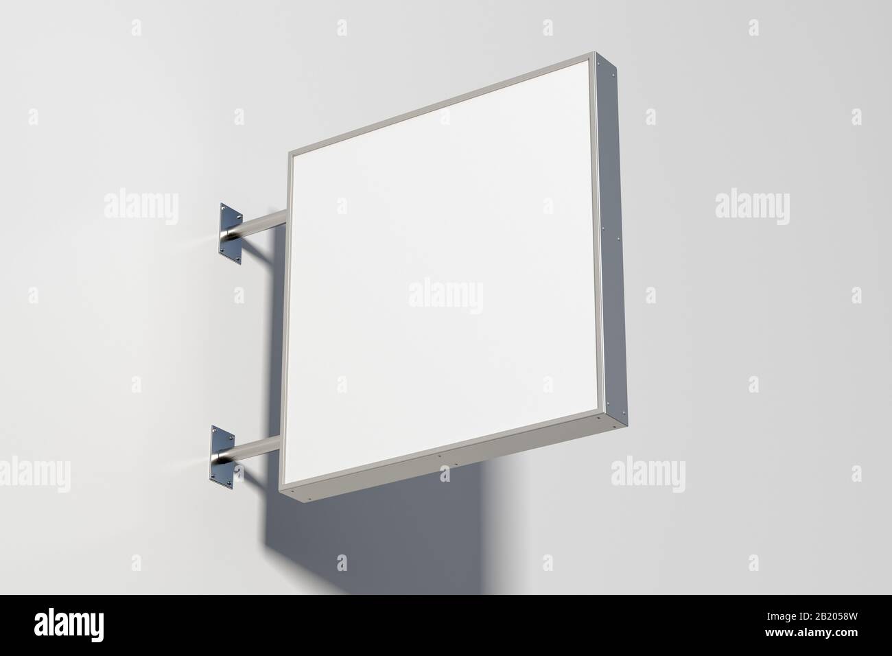 Square singboard or signage isolated on the white wall with blank white ...