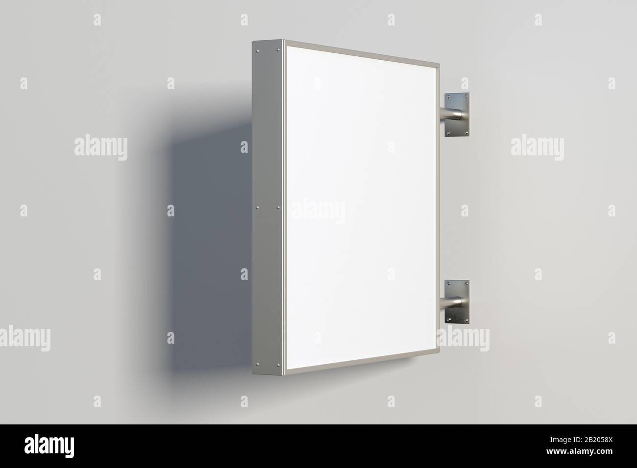 Square singboard or signage isolated on the white wall with blank white ...