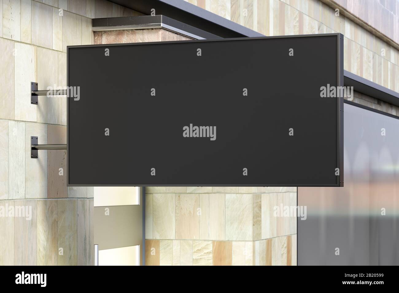 Horizontal singboard or signage on the marble wall with blank black ...