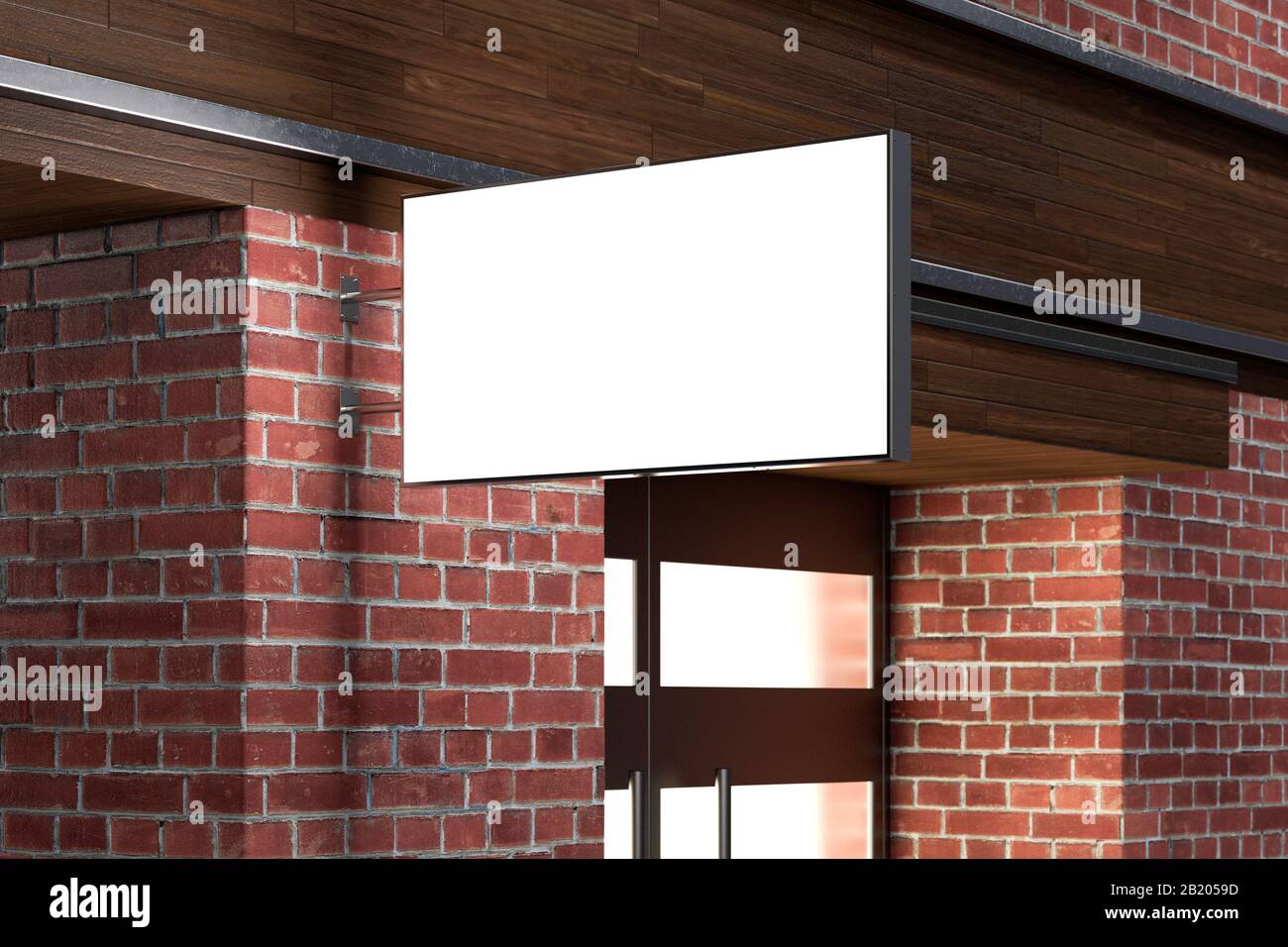 Horizontal singboard or signage on the red brick wall with blank ...