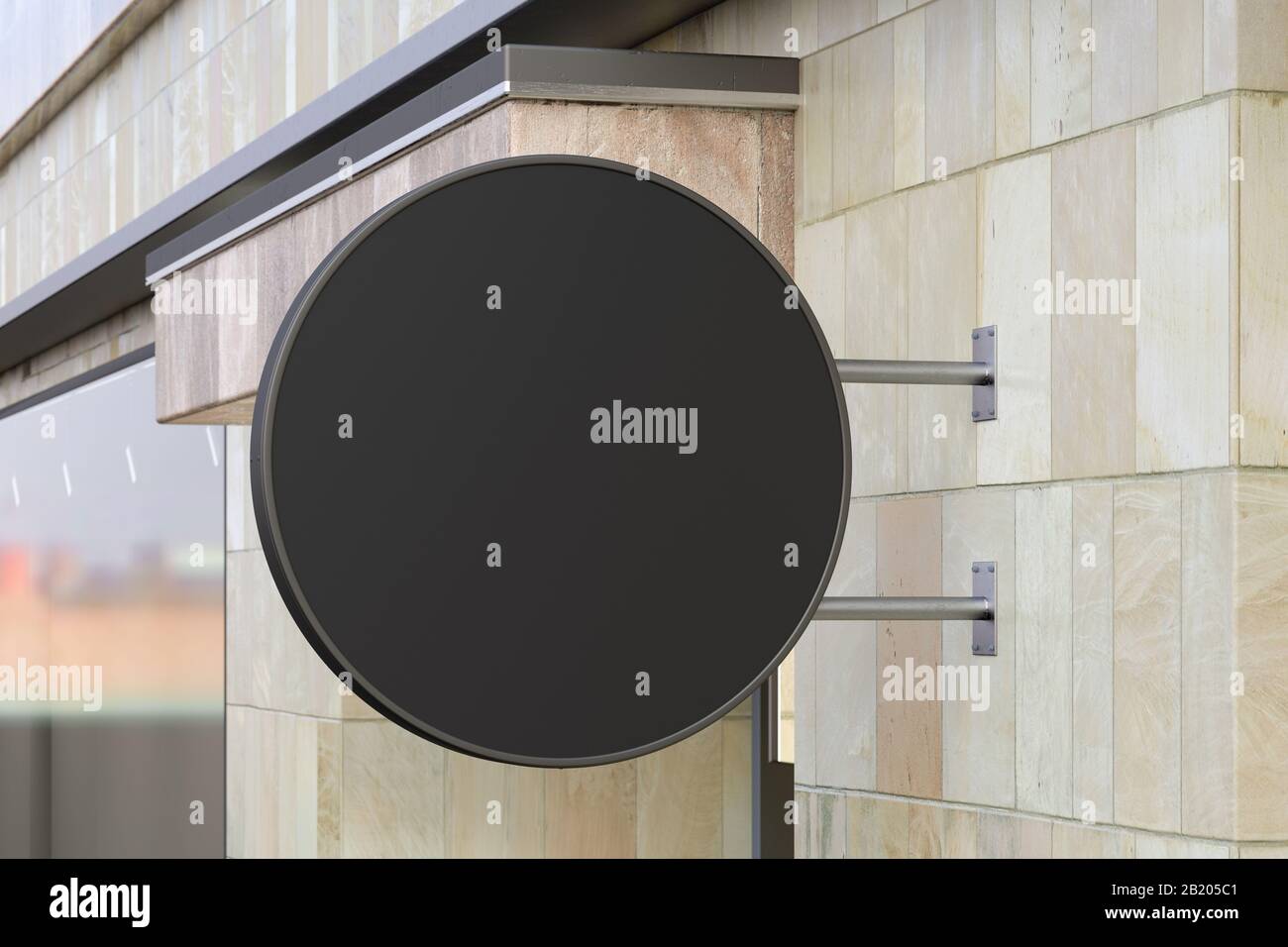 Round singboard or signage on the marble wall with blank black sign ...